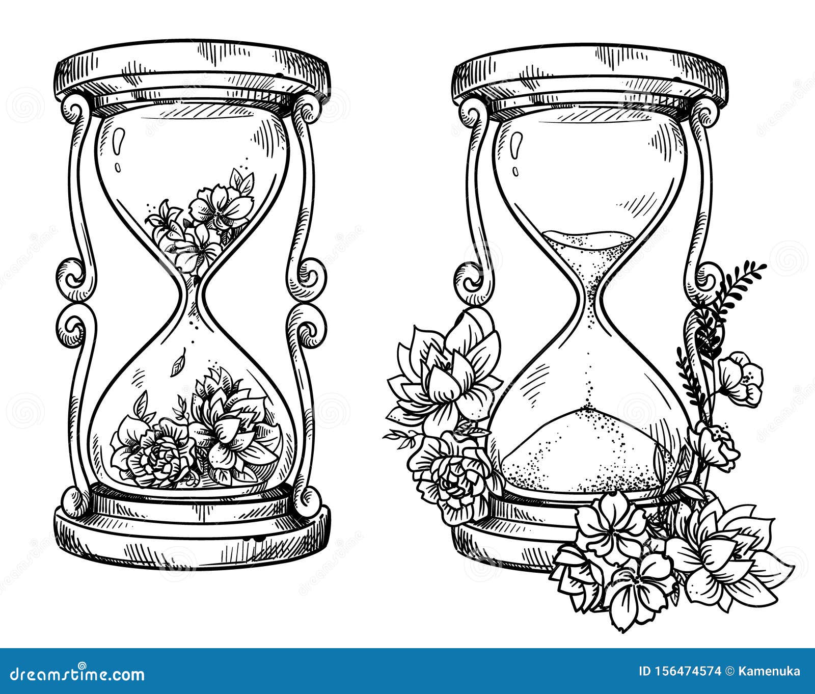 Set of 2 Vintage Sand Hourglasses with Flowers Vector Drawing Stock ...