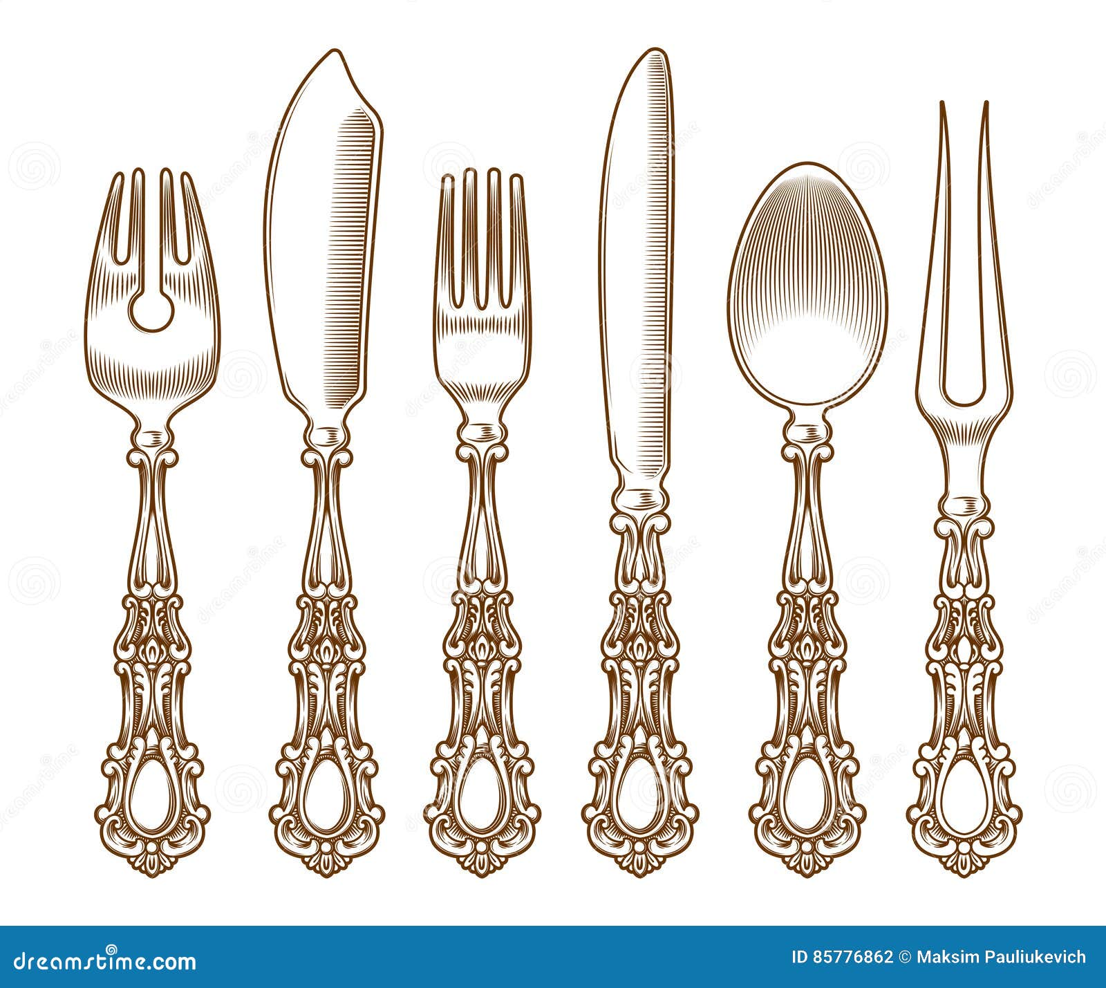 Set of Vintage Silver Cutlery Stock Vector - Illustration of fancy ...