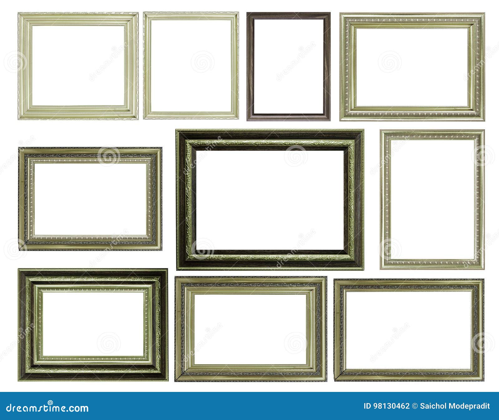 Set of Vintage Silver and Wood Picture Frame, Isolated on White Stock ...