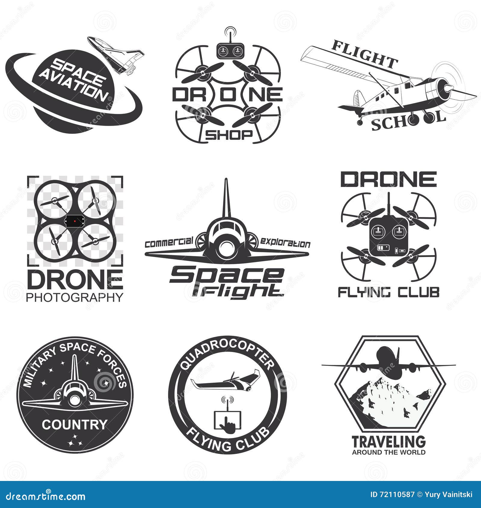 Set of Vintage Space, Drone , Aeronautics Flight Emblems, Labels ...