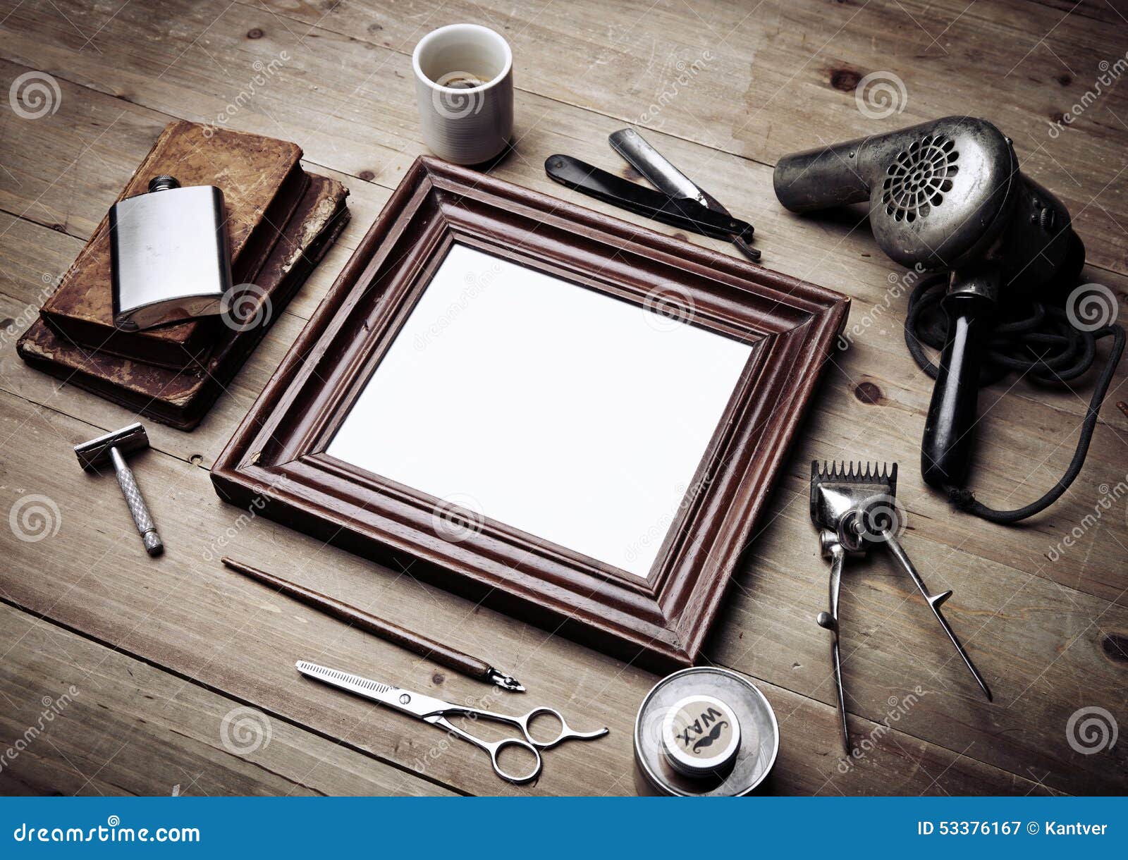 Set of Vintage Tools of Barber Shop and Black Picture Frame Stock Image ...
