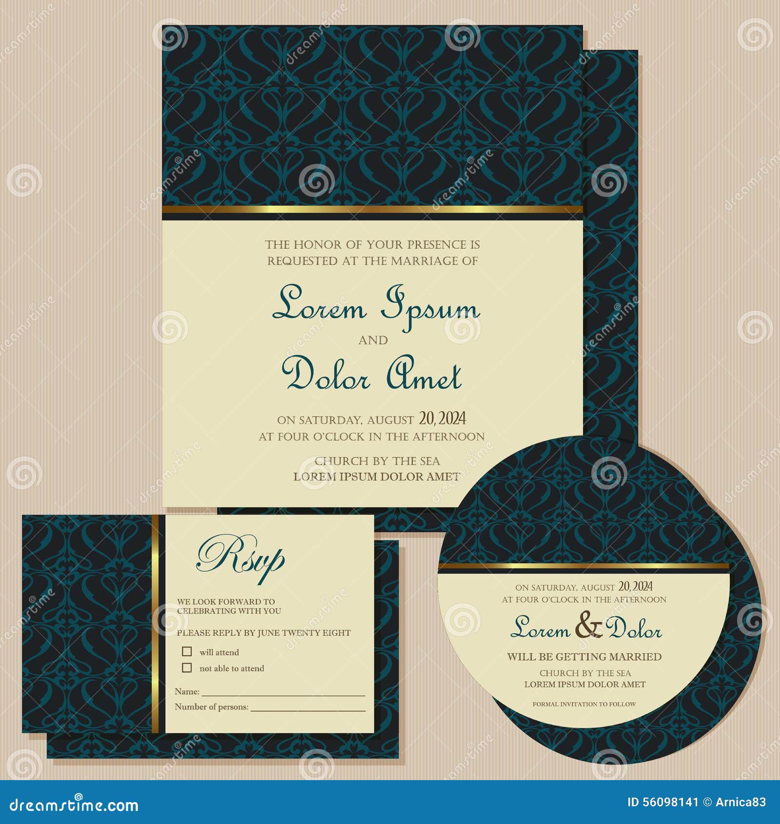 Set of Vintage Wedding Invitation Cards Stock Vector - Illustration of ...
