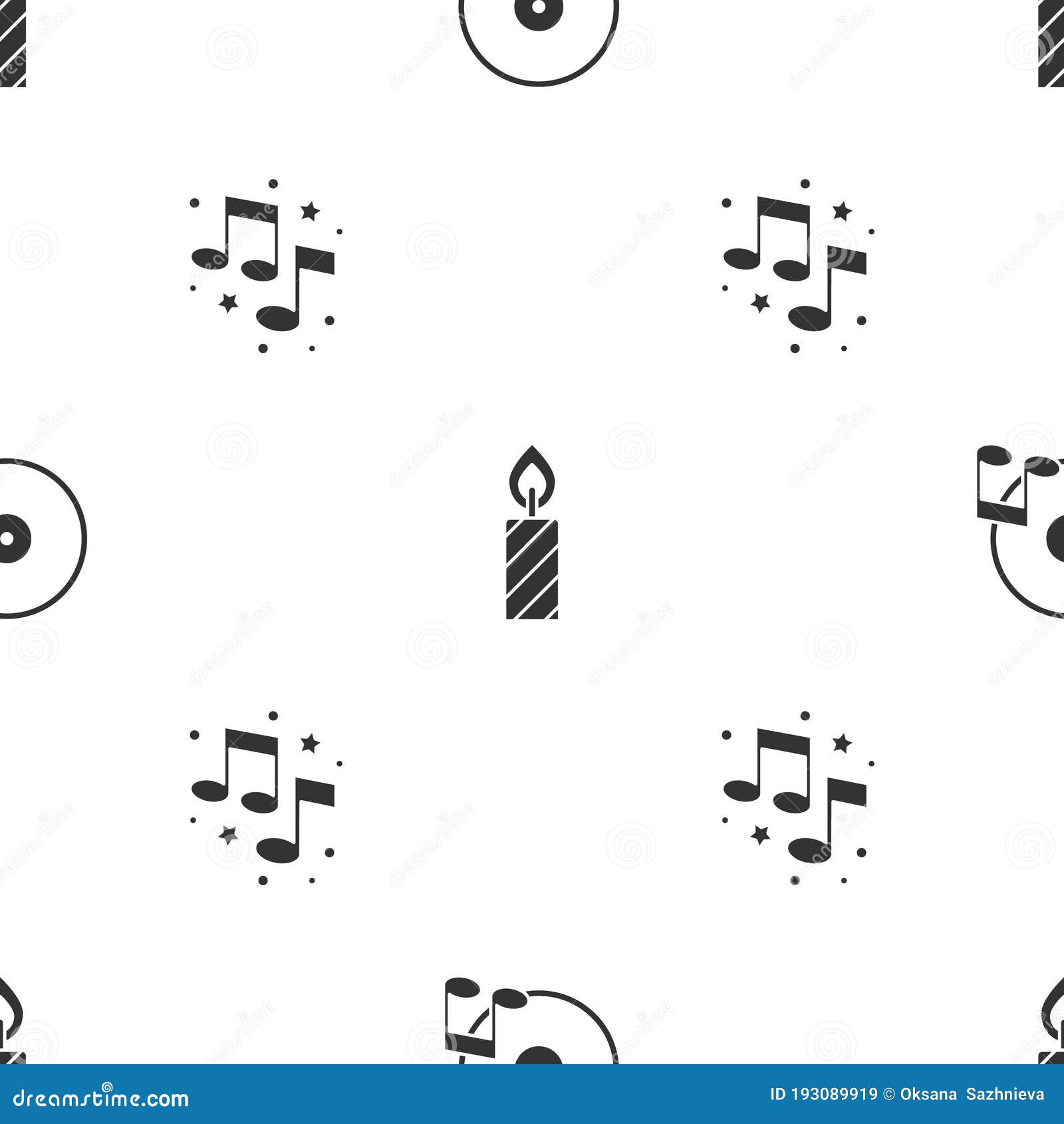 Set Vinyl Disk, Birthday Cake Candles and Music Note, Tone on Seamless ...