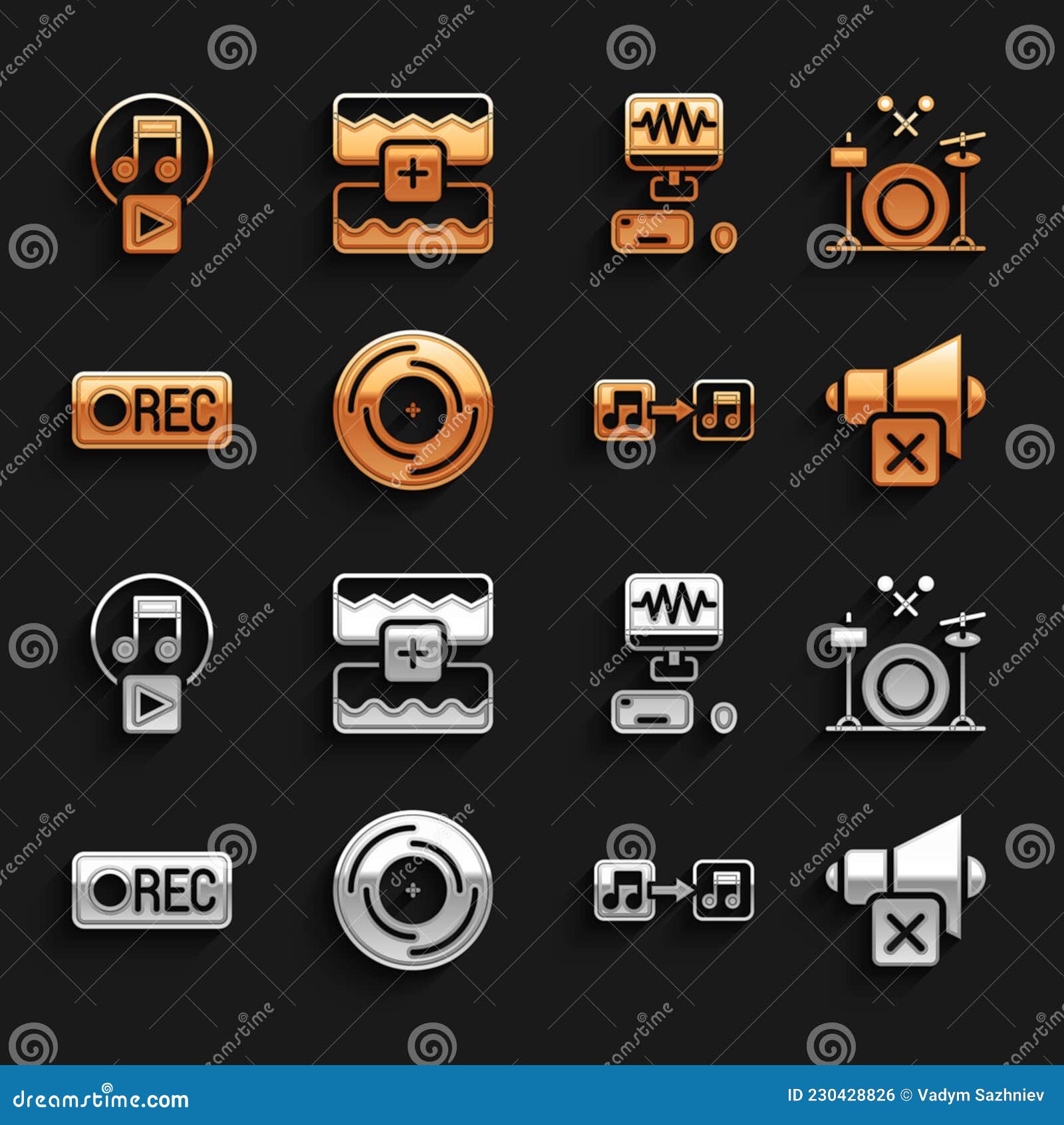 Set Vinyl Disk, Drums, Speaker Mute, Music Note, Tone, Record Button ...