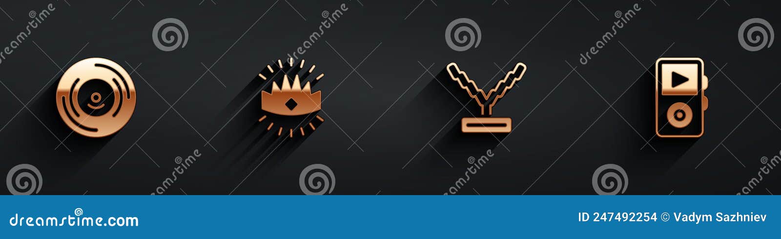 Set Vinyl Disk, King Crown, Rapper Chain and Music Player Icon with ...