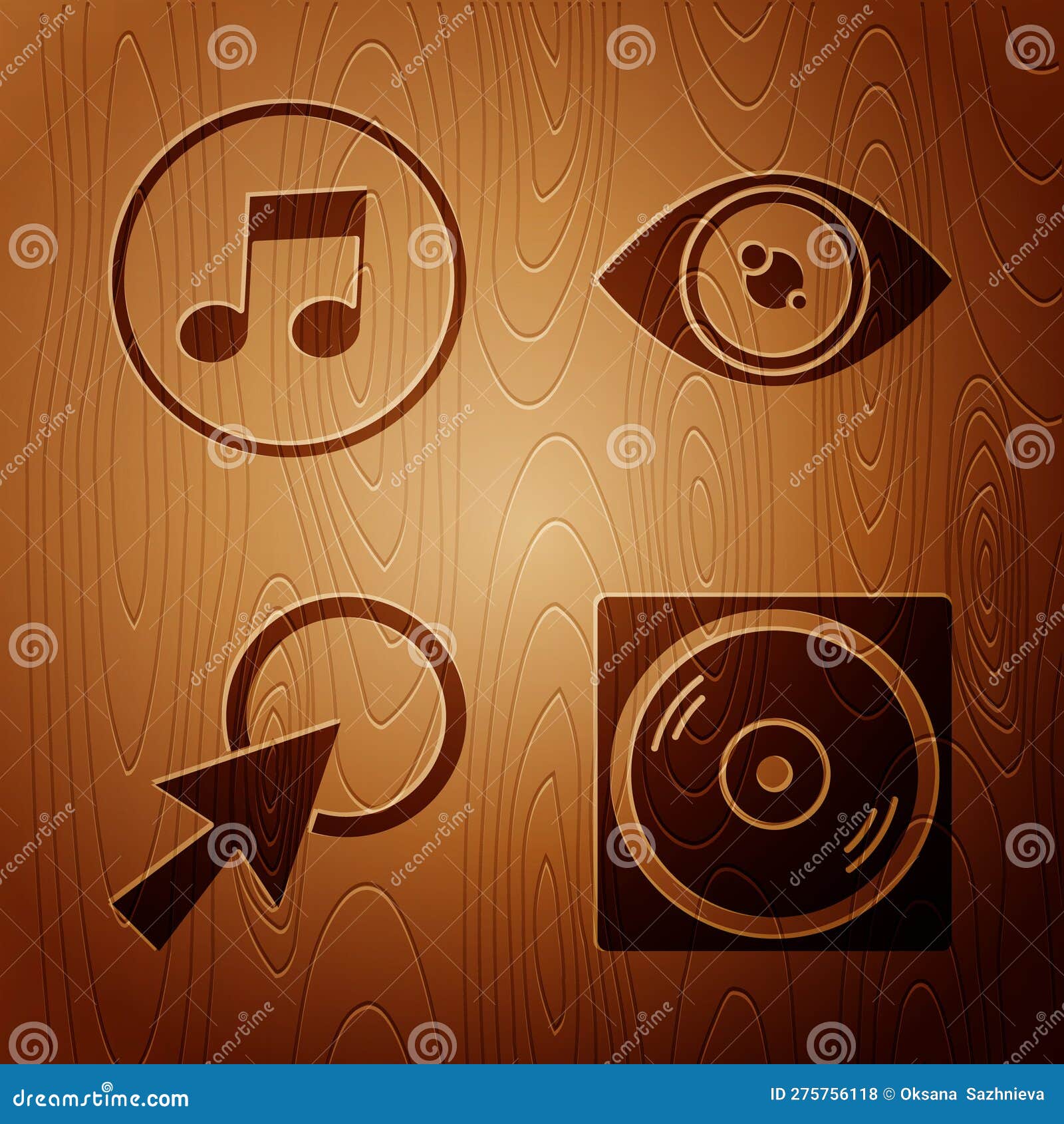 Set Vinyl Disk, Music Note, Tone, Arrow Cursor and Eye on Wooden ...