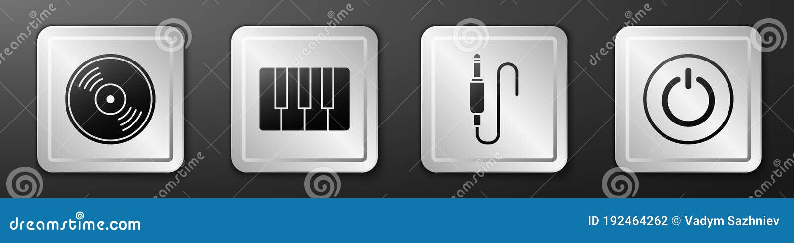 Set Vinyl Disk, Music Synthesizer, Audio Jack and Power Button Icon ...