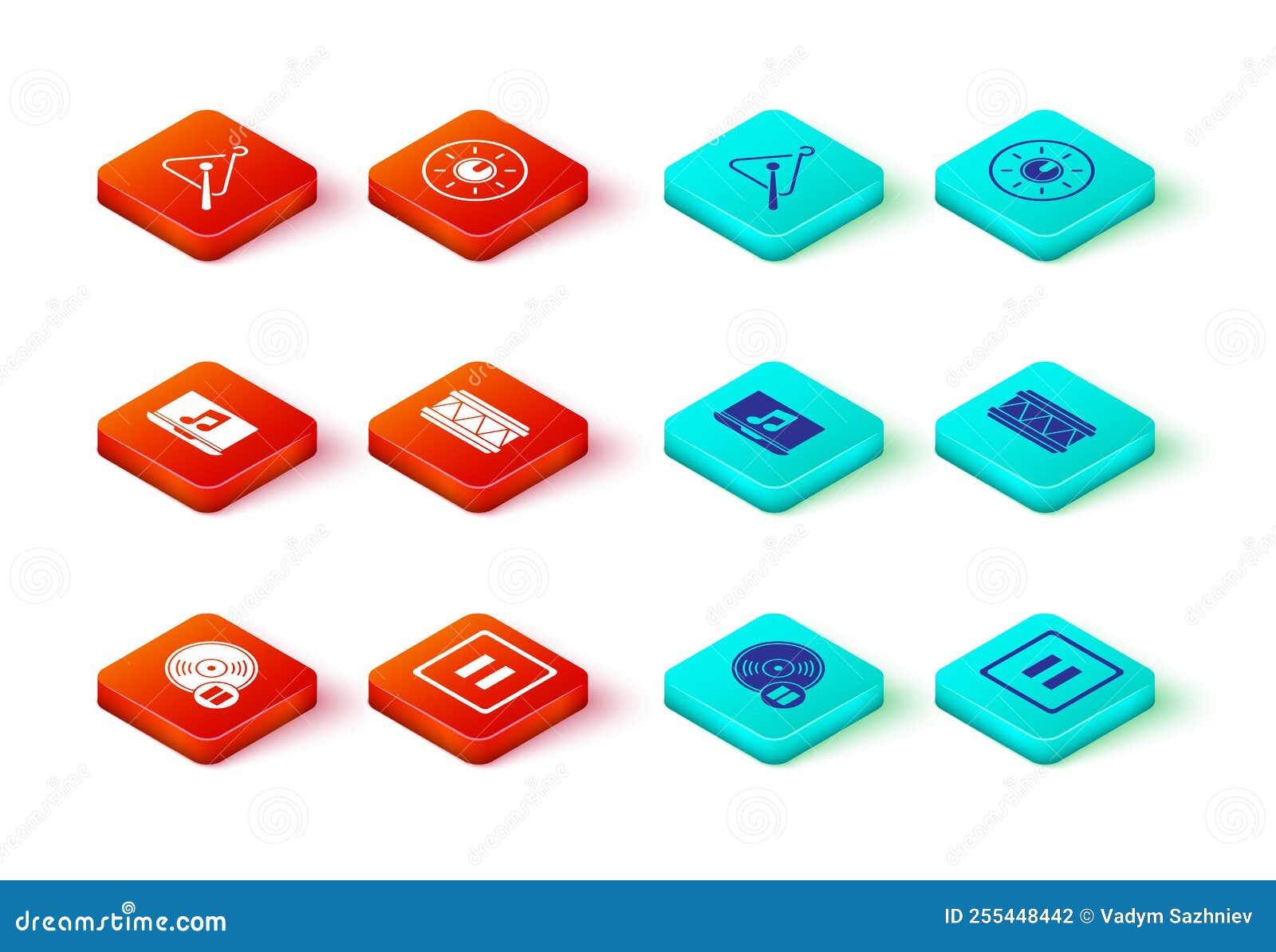 Set Vinyl Disk, Pause Button, Laptop with Music Note, Drum, Dial Knob ...