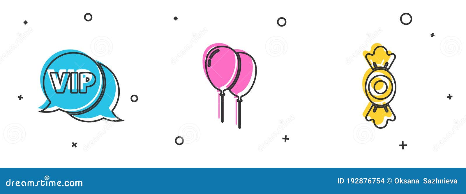 Set Vip in Speech Bubble, Balloons with Ribbon and Candy Icon. Vector ...