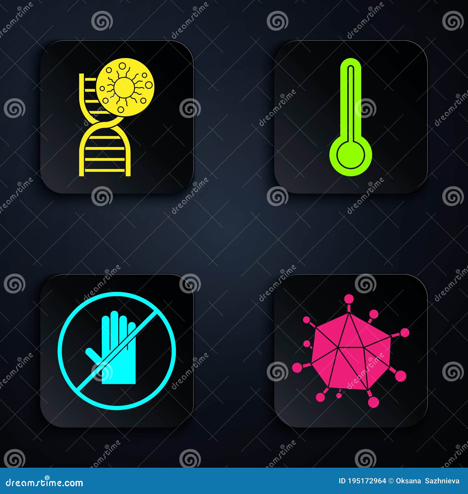 Set Virus, DNA Symbol And Virus, No Handshake And Medical Thermometer ...