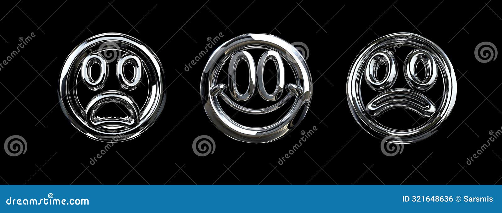 Set of Volumetric Chrome Emoji. Three Faces with Different Expressions ...