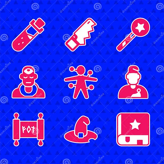 Set Voodoo Doll, Witch Hat, Ancient Magic Book, Wizard Warlock, Magic ...