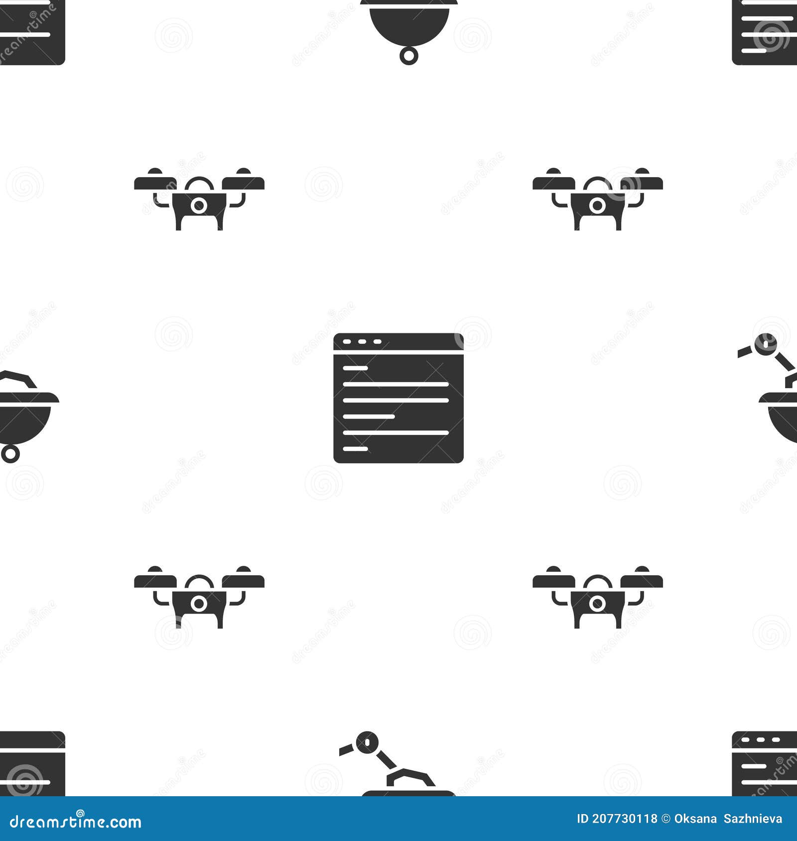 Set Waiter Robot, Computer Api Interface and Drone on Seamless Pattern ...