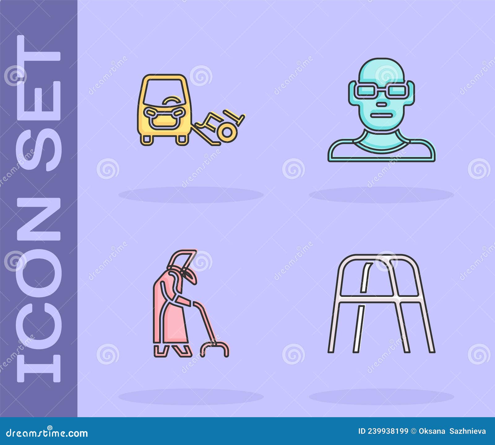 Set Walker, Disabled Car, Grandmother and Poor Eyesight Icon. Vector ...