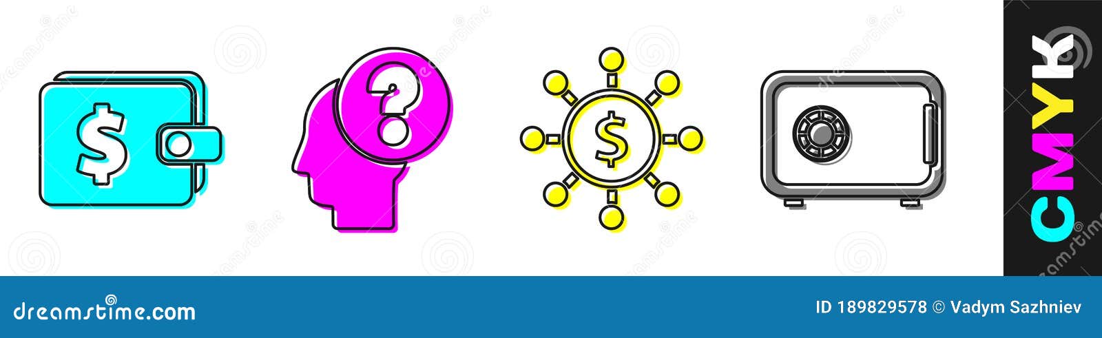 Set Wallet with Dollar, Human Head with Question Mark, Dollar, Share ...