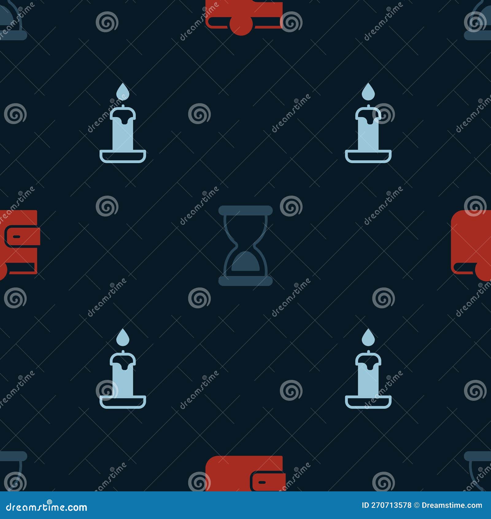 Set Wallet, Old Hourglass and Burning Candle on Seamless Pattern ...