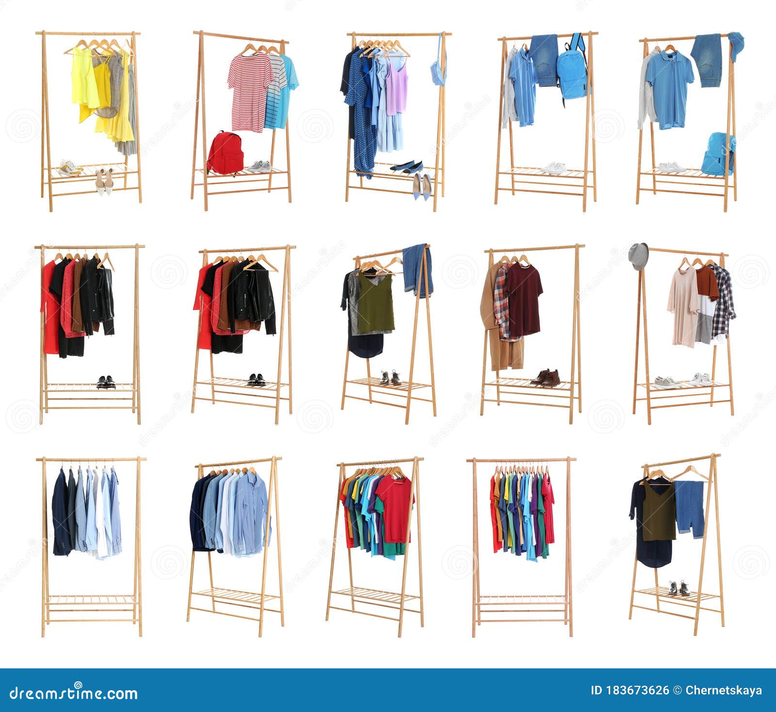 Set Of Wardrobe Racks With Different Clothes On Background. Banner ...