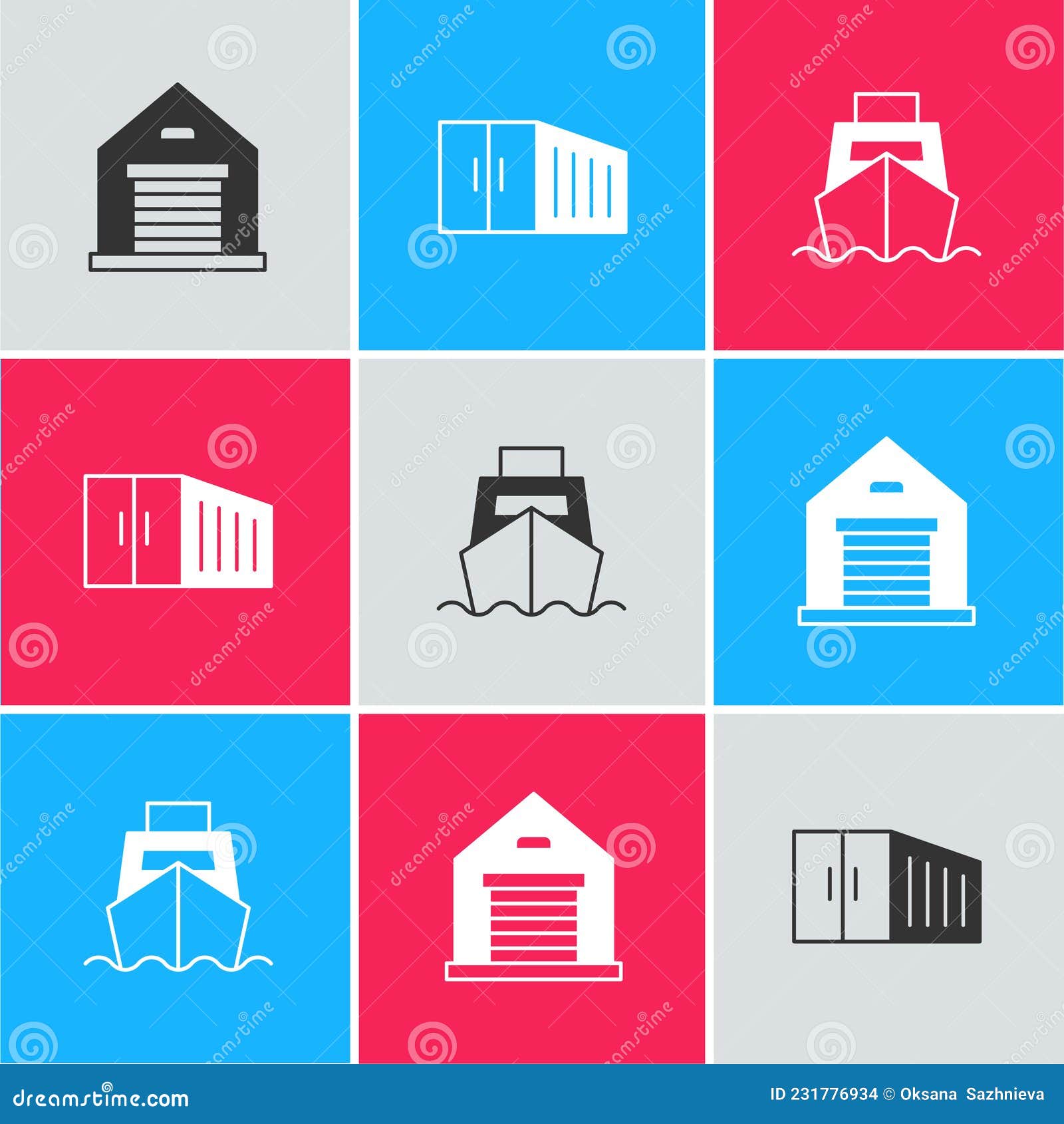 Set Warehouse, Container and Cargo Ship with Boxes Delivery Icon ...
