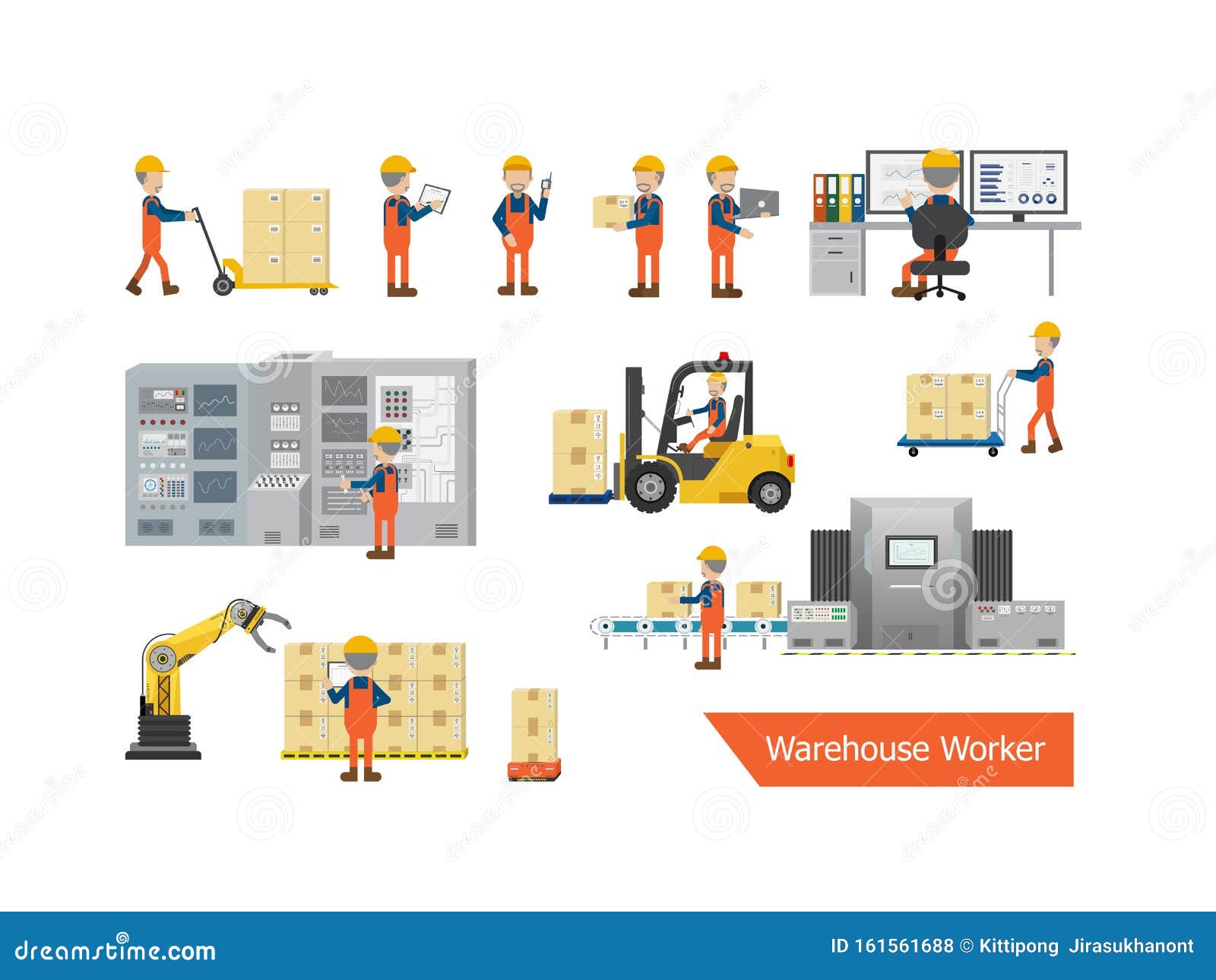 Set of warehouse worker stock vector. Illustration of character - 161561688