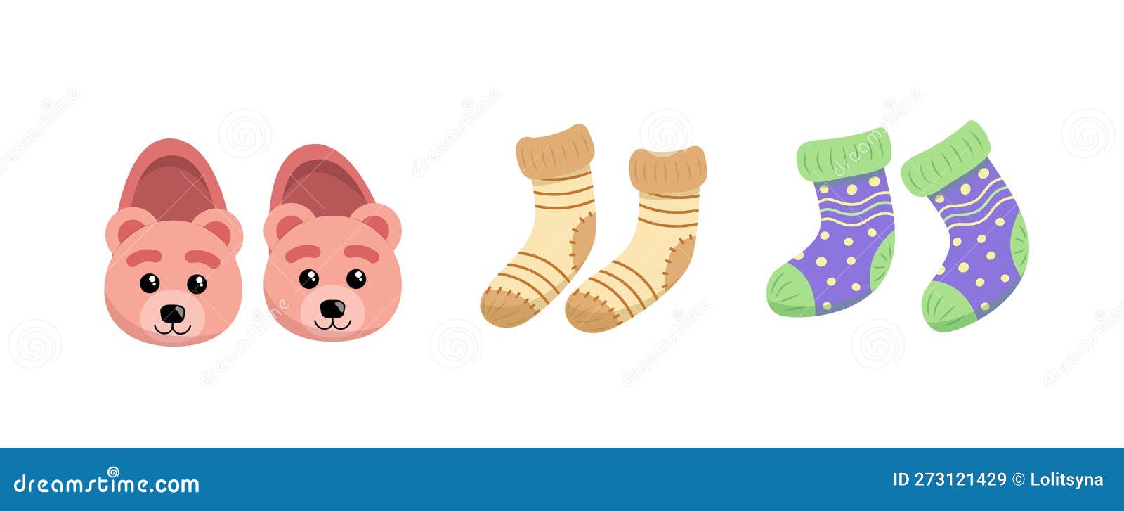 Set of Warm Socks and Slippers. Bear Slippers. Flat, Cartoon, Vector ...