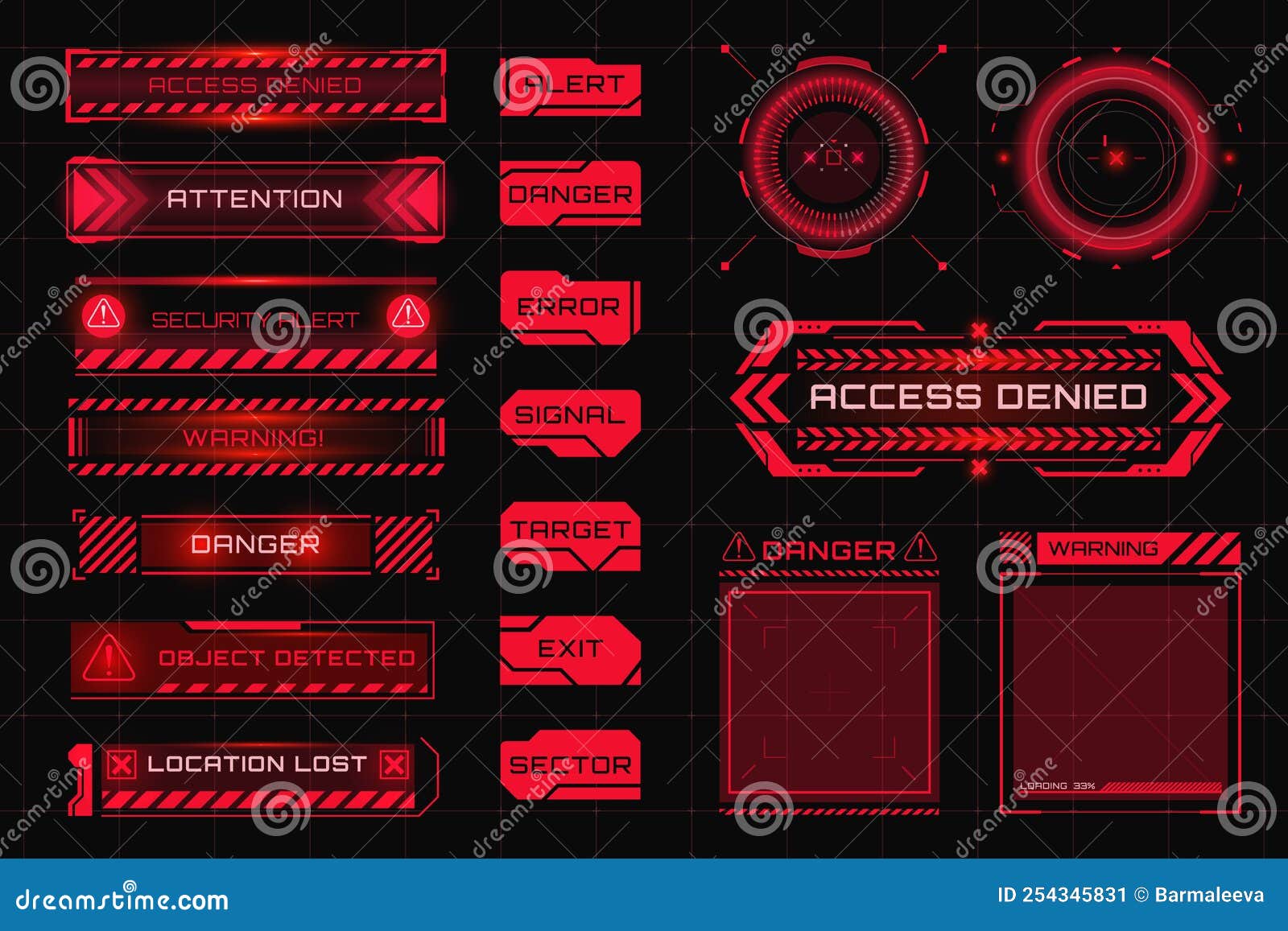 Set of Warning, Attention and Alert Red Symbols. HUD Caution and Danger ...