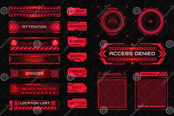 Set of Warning, Attention and Alert Red Symbols. HUD Caution and Danger ...