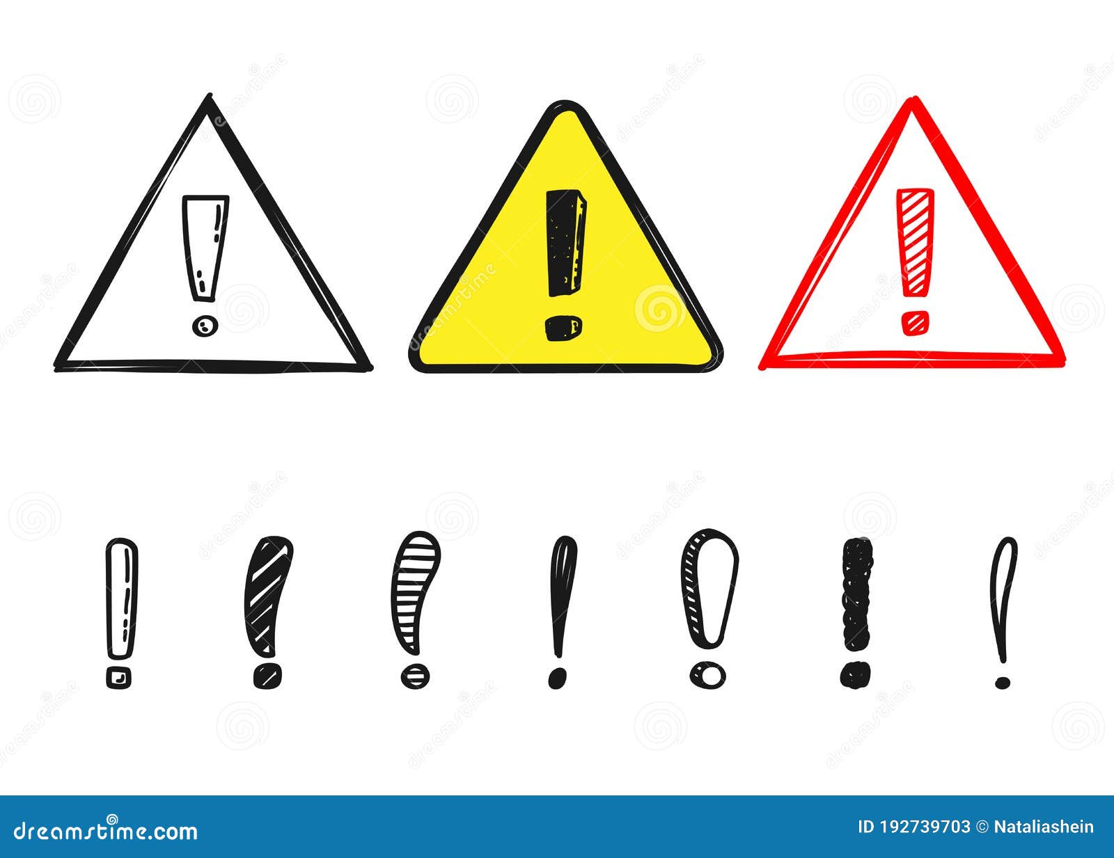 Set of Warning Hand Drawn Signs with Exclamation Mark, Doodle Style ...