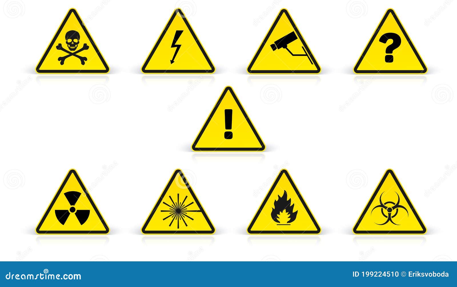 Set Of Warning Sign In Yellow Triangles Isolated On White Backgroound