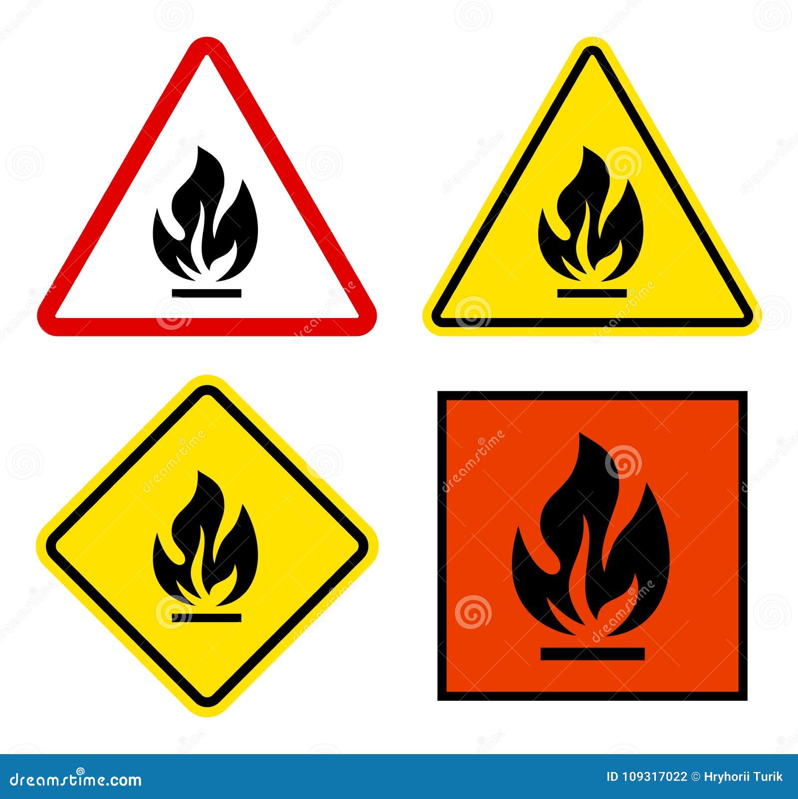 Set of Warning Signs Flammable Triangular, Square with Yellow an Stock ...