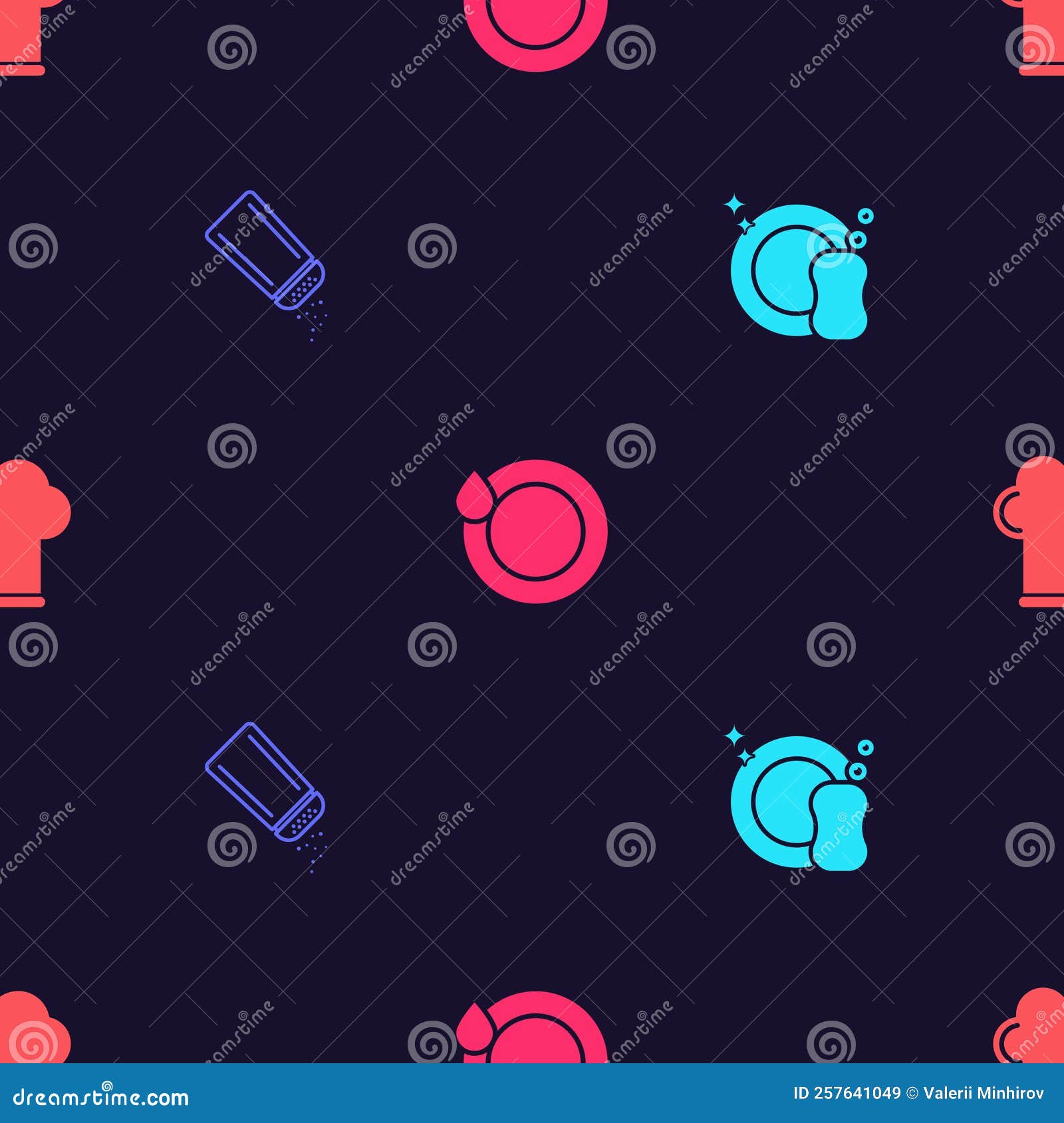 Set Washing Dishes, Salt and Pepper, and Chef Hat on Seamless Pattern ...