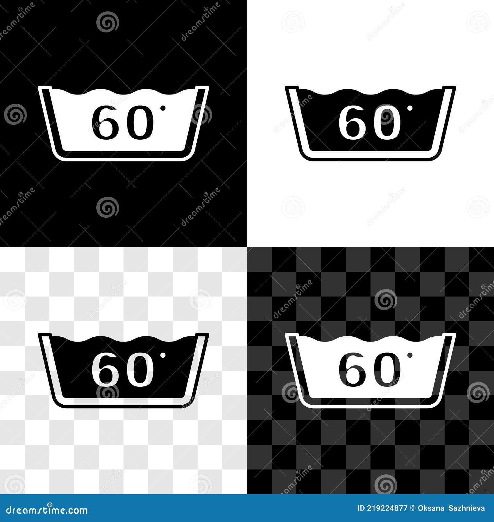 Set Washing Under 60 Degrees Celsius Icon Isolated on Black and White ...