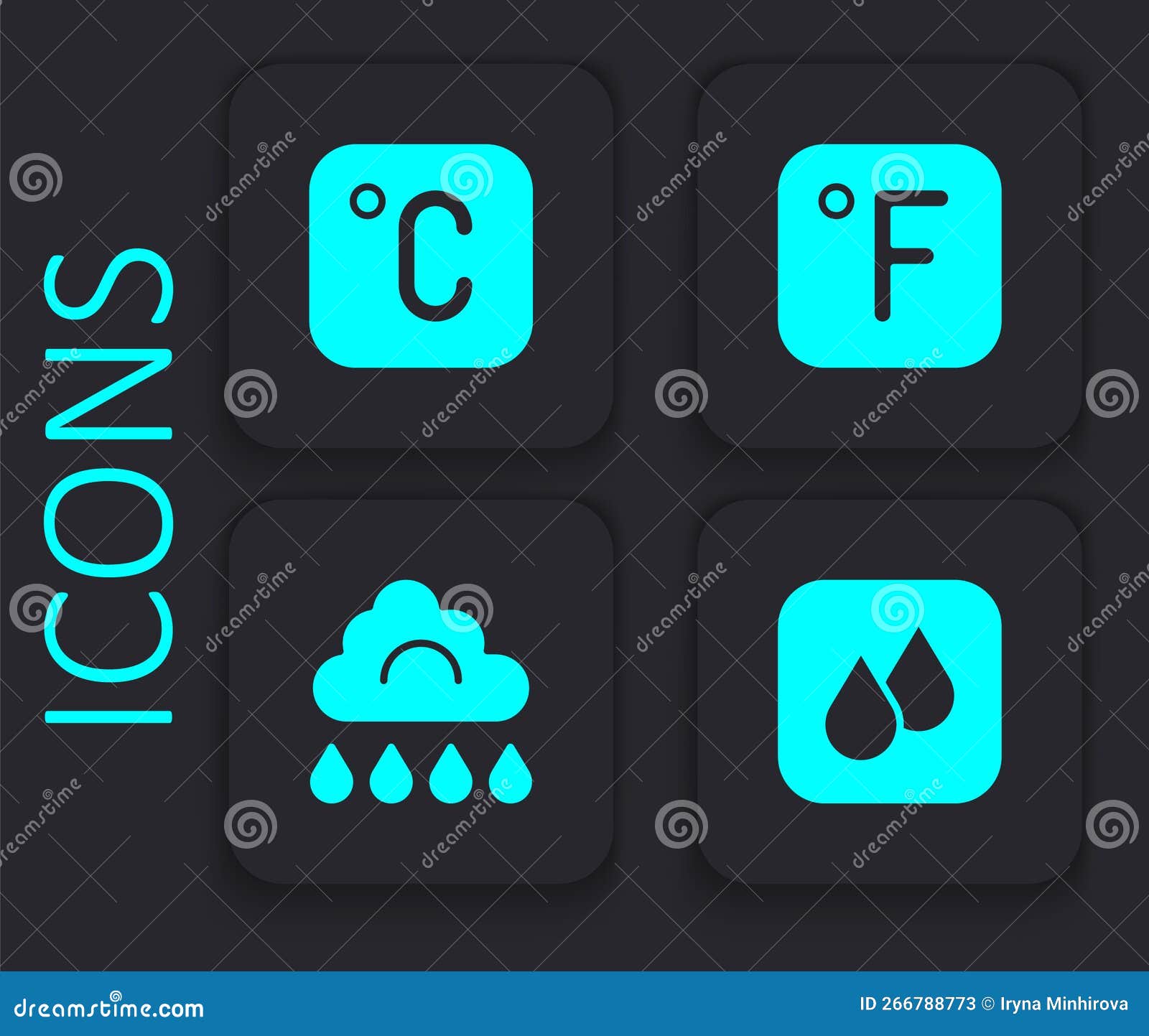 Set Water Drop, Celsius, Fahrenheit and Cloud with Rain Icon. Black ...