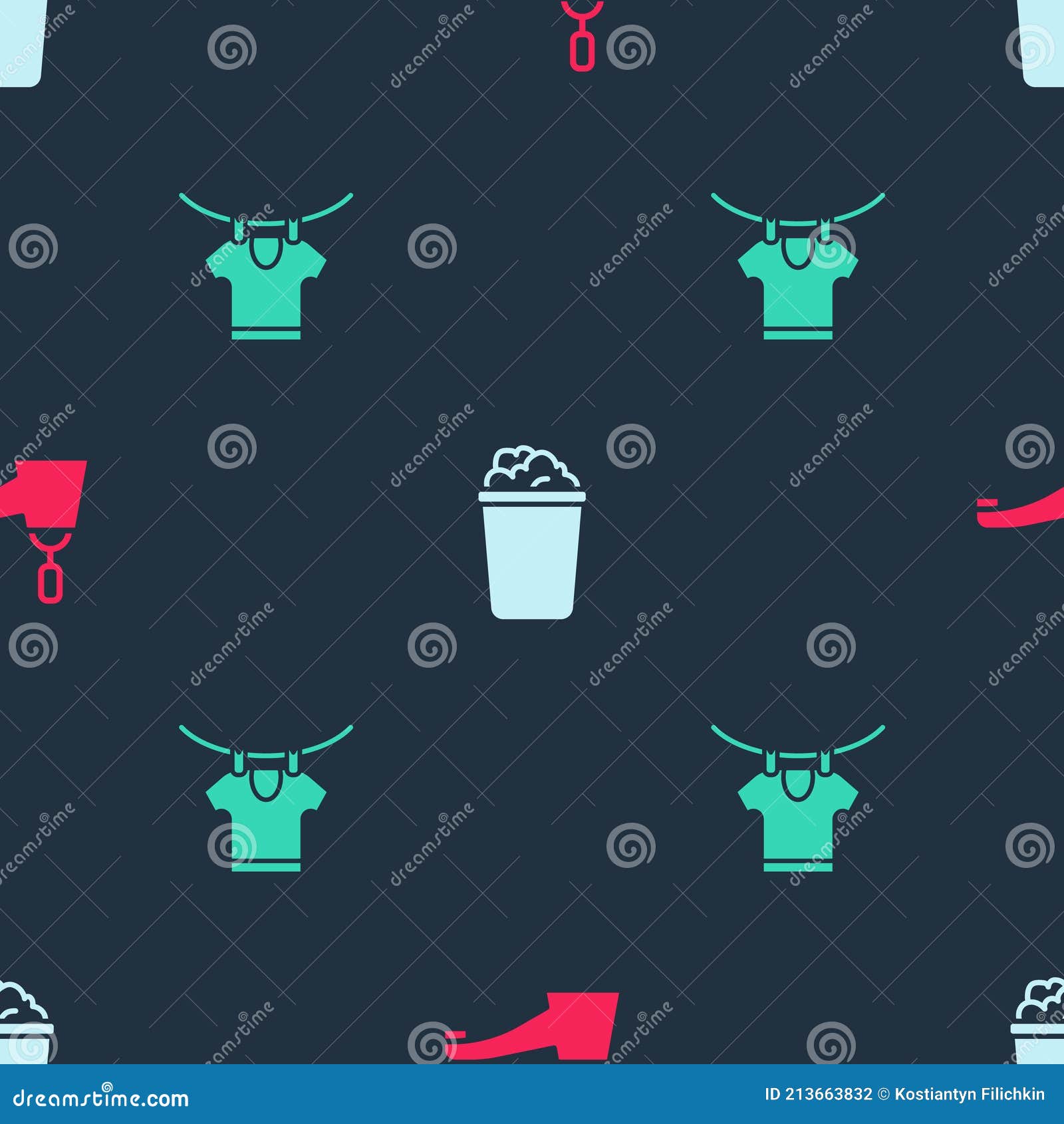 Set Water Tap, Bucket with Soap Suds and Drying Clothes on Seamless ...