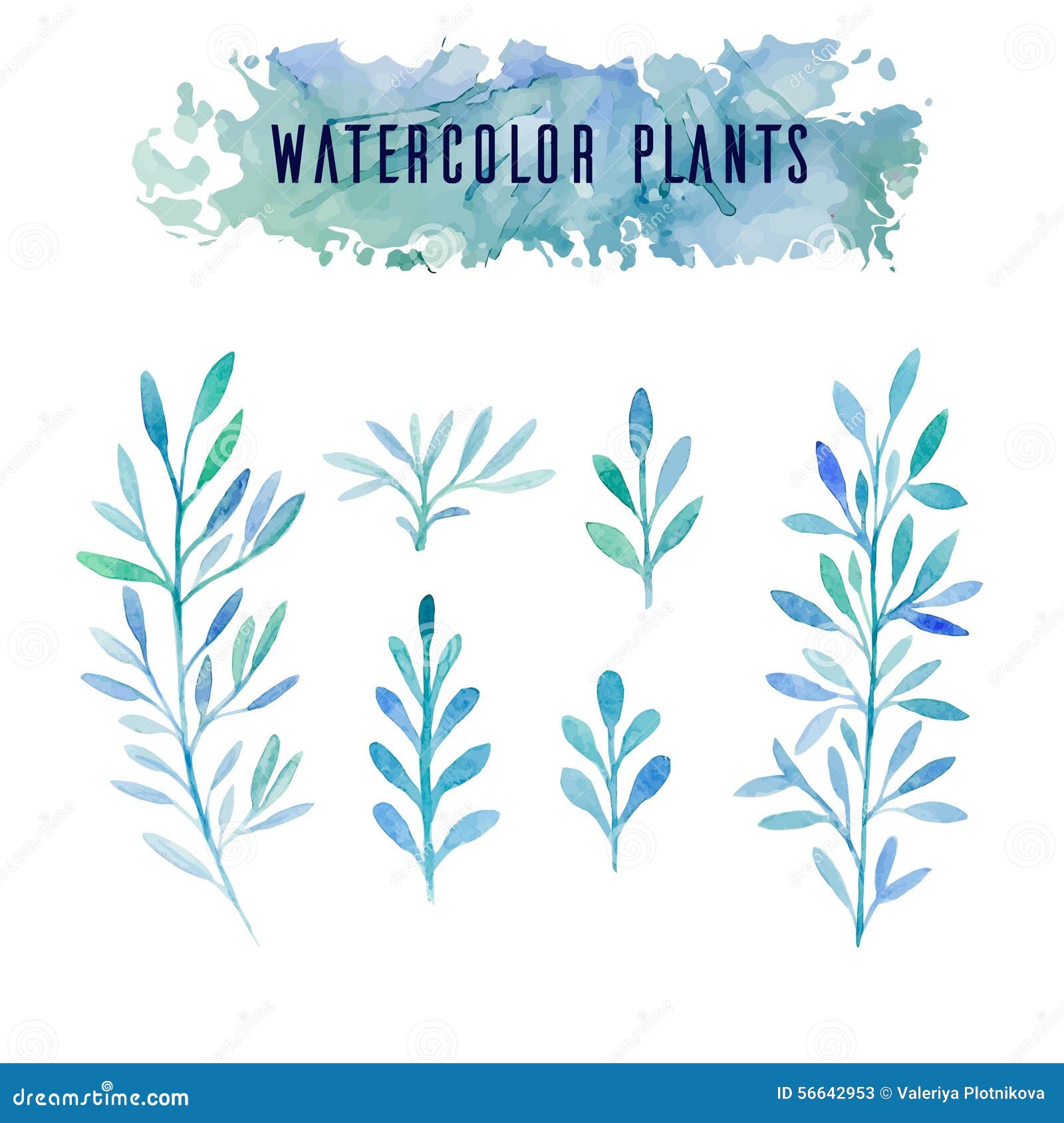 Set of Watercolor Blue Vector Plants Stock Vector - Illustration of ...