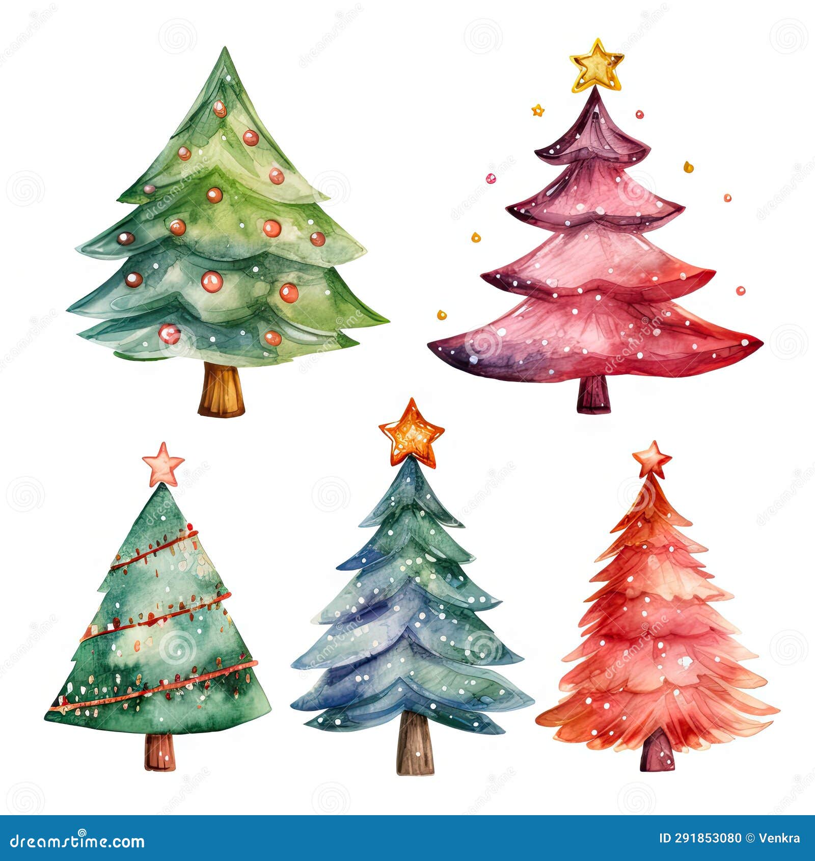 Set of Watercolor Christmas Trees in a White Background Stock Photo ...