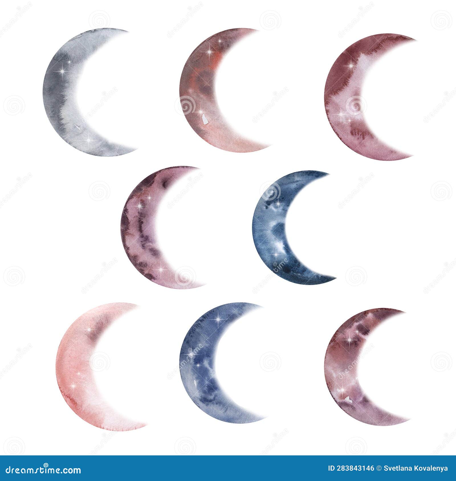Set of Watercolor Colorful Moons Stock Illustration - Illustration of ...