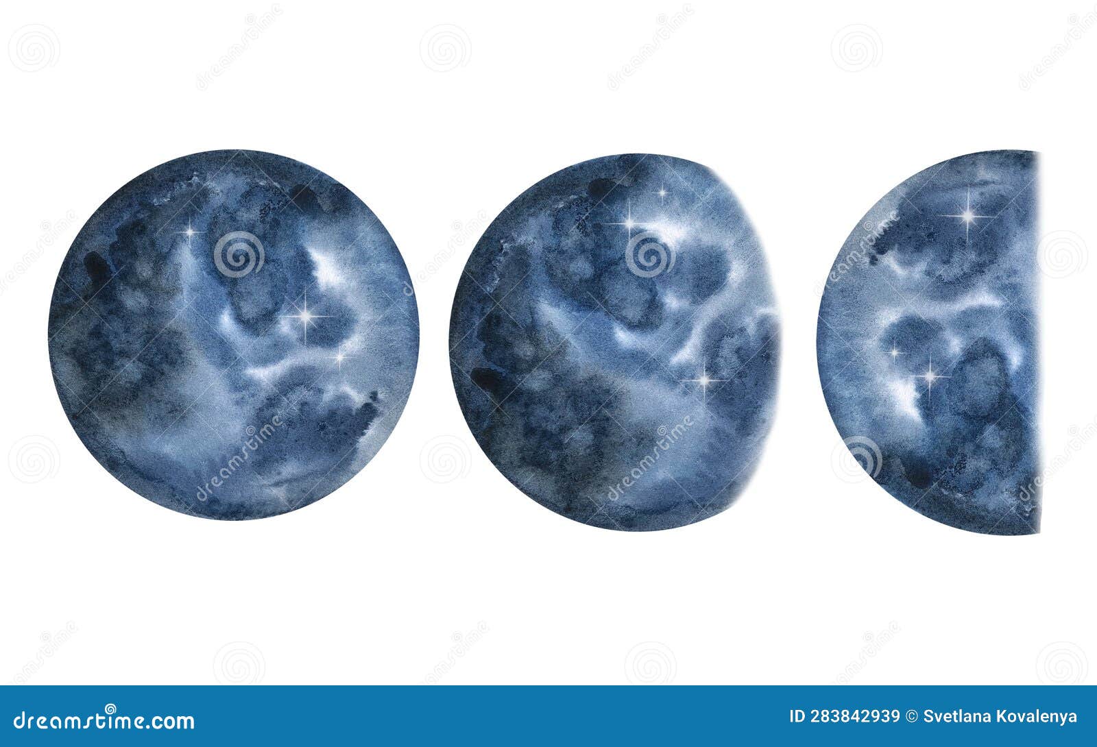 Set of Watercolor Dark Blue Moon Stock Illustration - Illustration of ...