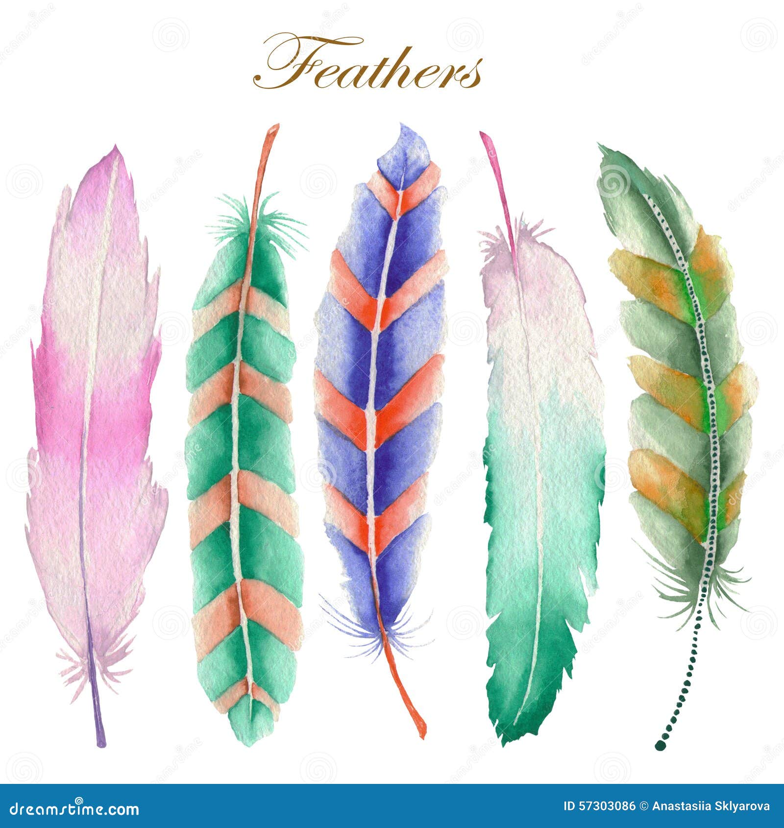 Set of watercolor feathers stock illustration. Illustration of indian ...