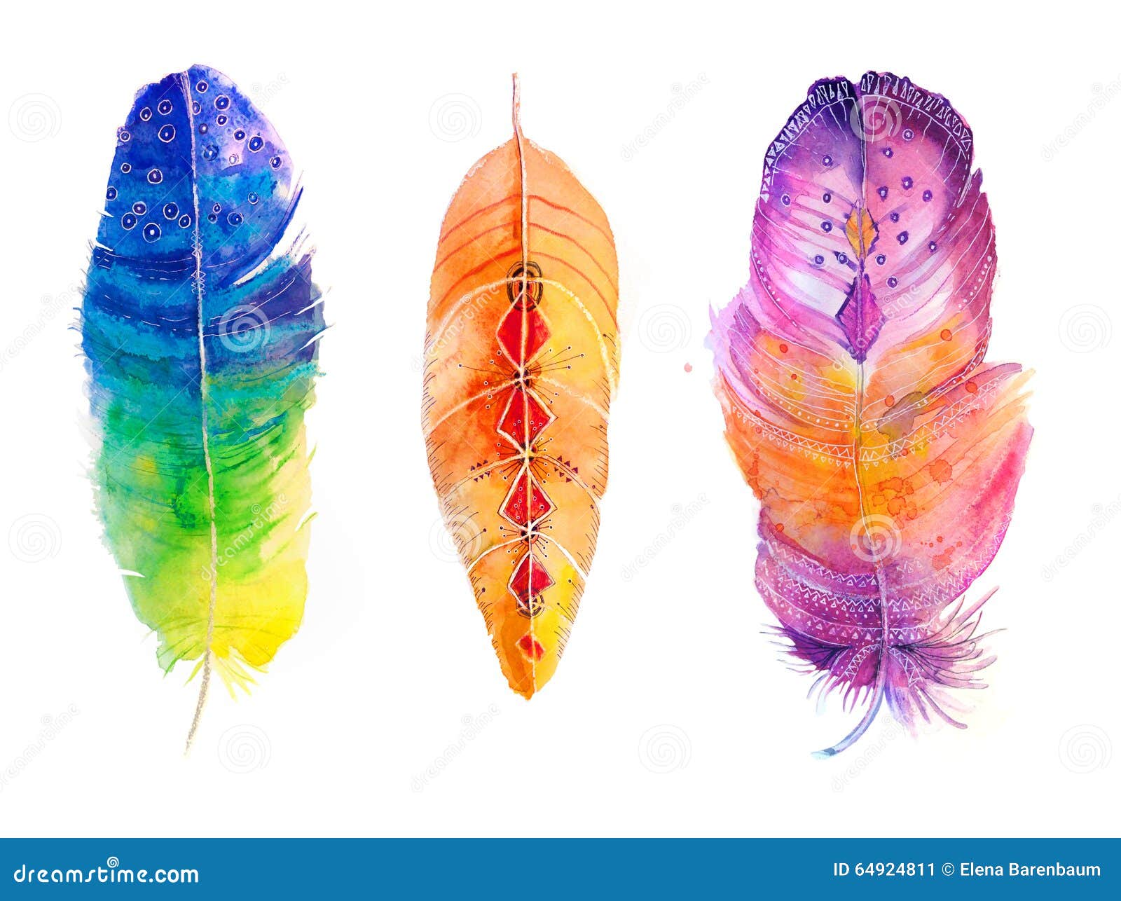 Set of watercolor feathers stock illustration. Illustration of hand ...