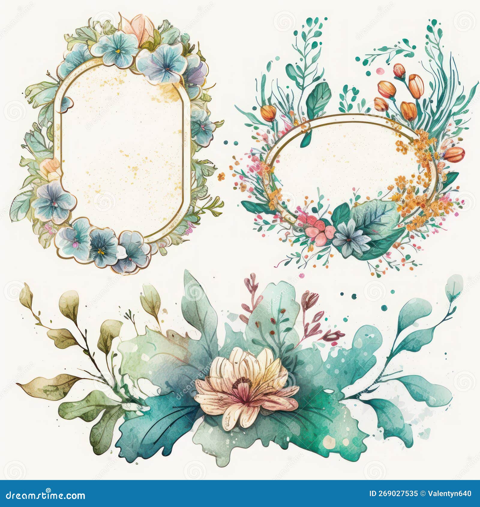 Set of Watercolor Flowers and Frames. Generative AI Stock Image - Image ...