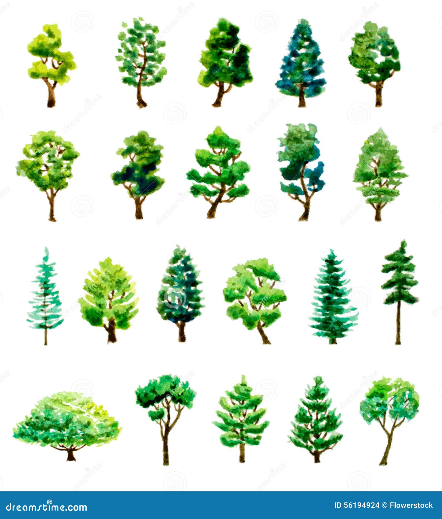 Set of Watercolor Hand Drawn Different Trees Stock Vector ...