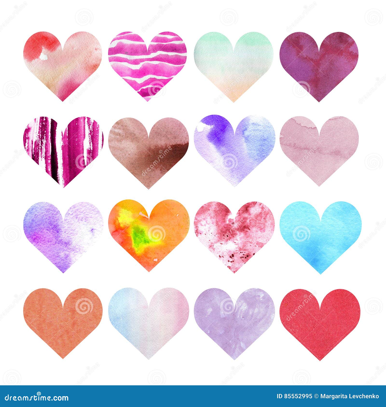 Set of Watercolor Hearts of Different Colors and Textures. Elements for ...