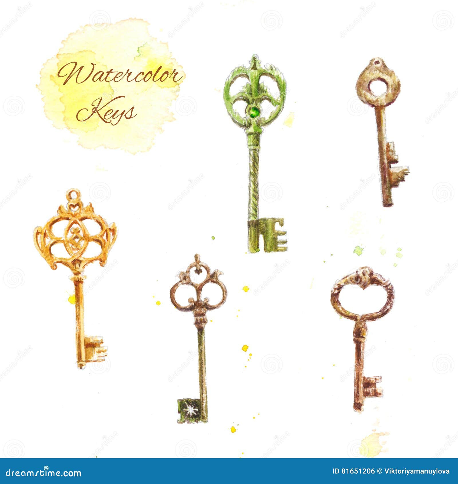 Set of watercolor keys stock illustration. Illustration of beautiful ...