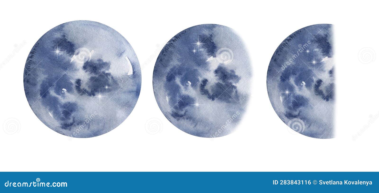 Set of Watercolor Light Blue Moon Stock Illustration - Illustration of ...