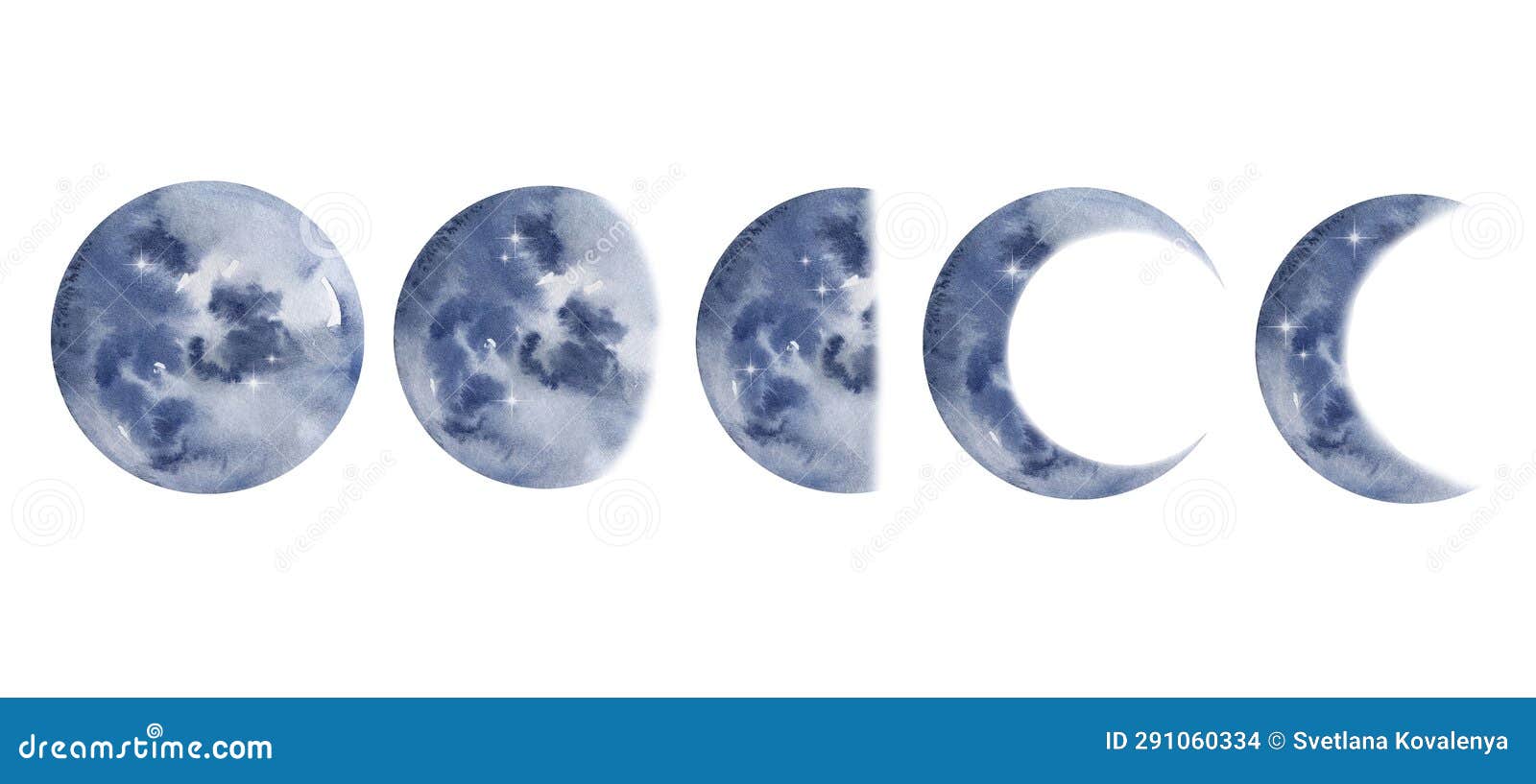 Set of Watercolor Light Blue Moon Stock Illustration - Illustration of ...