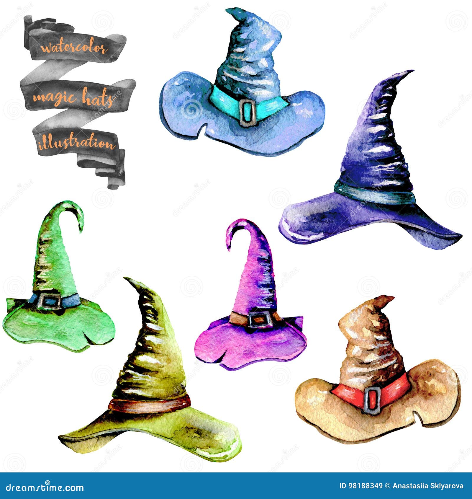 Set of Watercolor Magic Old Hats Stock Illustration - Illustration of ...