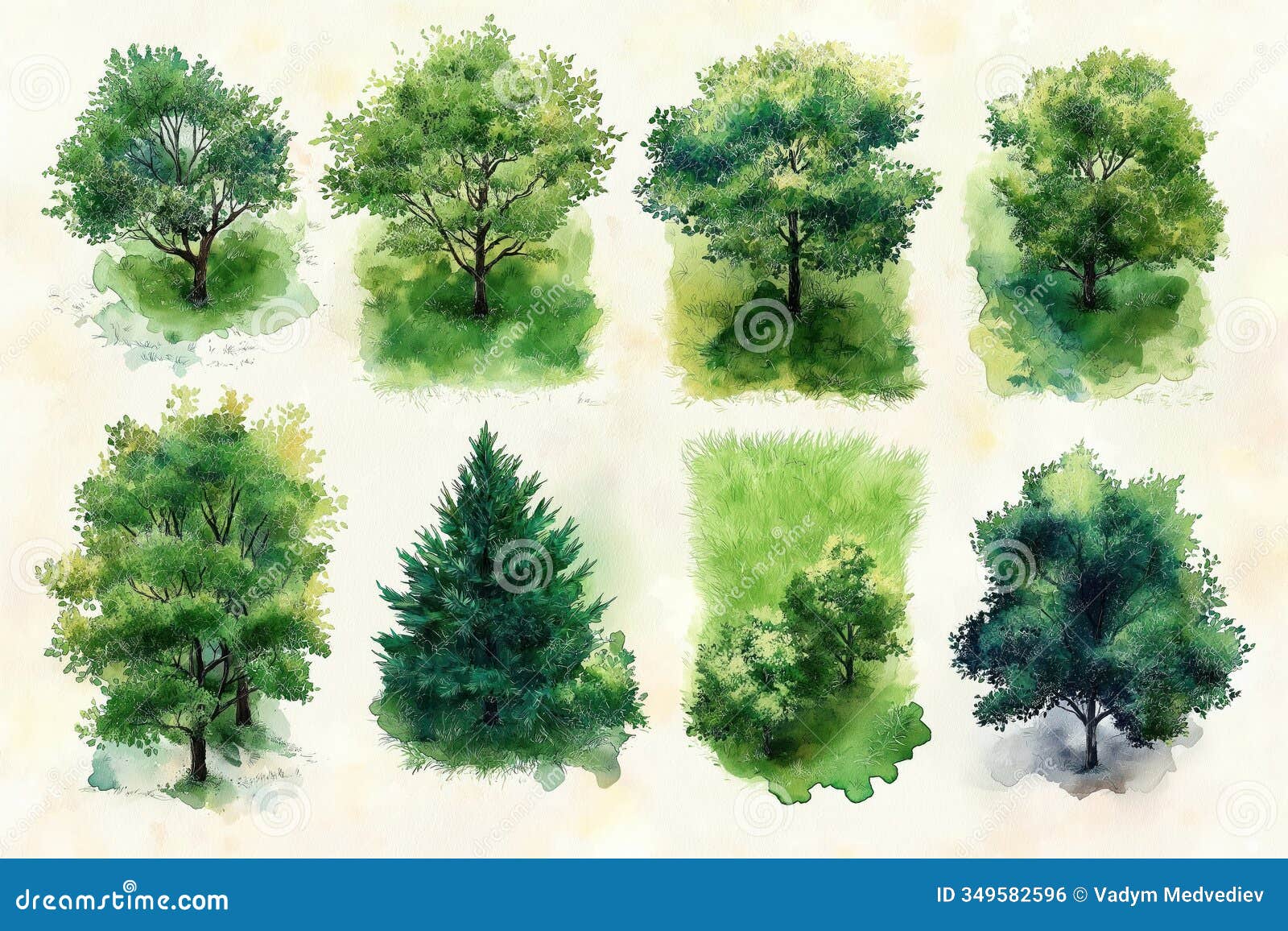 Set of Watercolor Trees, Grass for Landscape Design. Different Tree ...