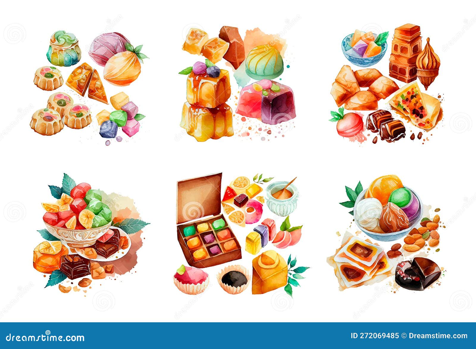 Set Watercolor Vector Illustration of Muslim Sweets Ramadan Concept ...