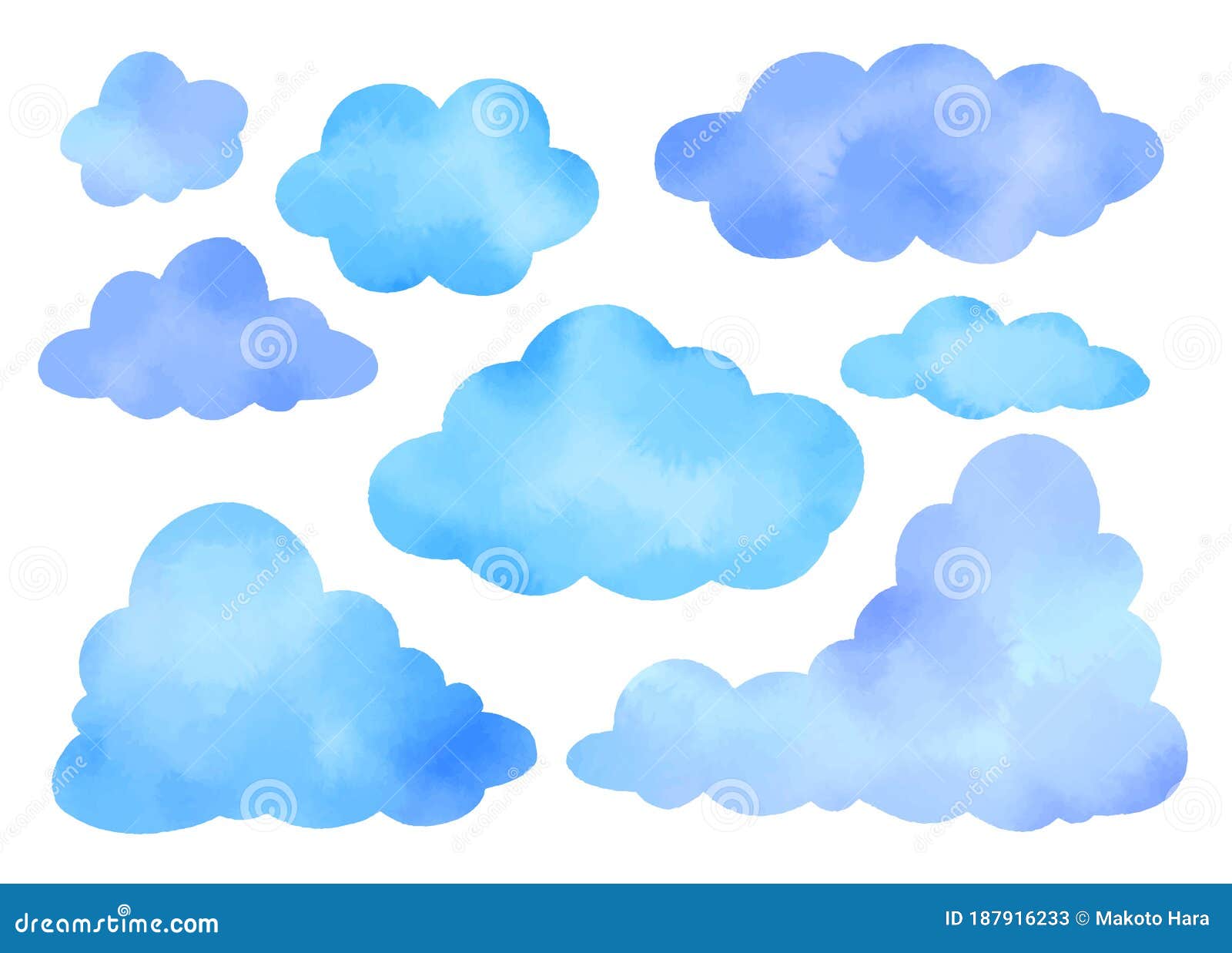 Set of Watercolor Vector Illustrations of Blue Clouds. Stock Vector ...
