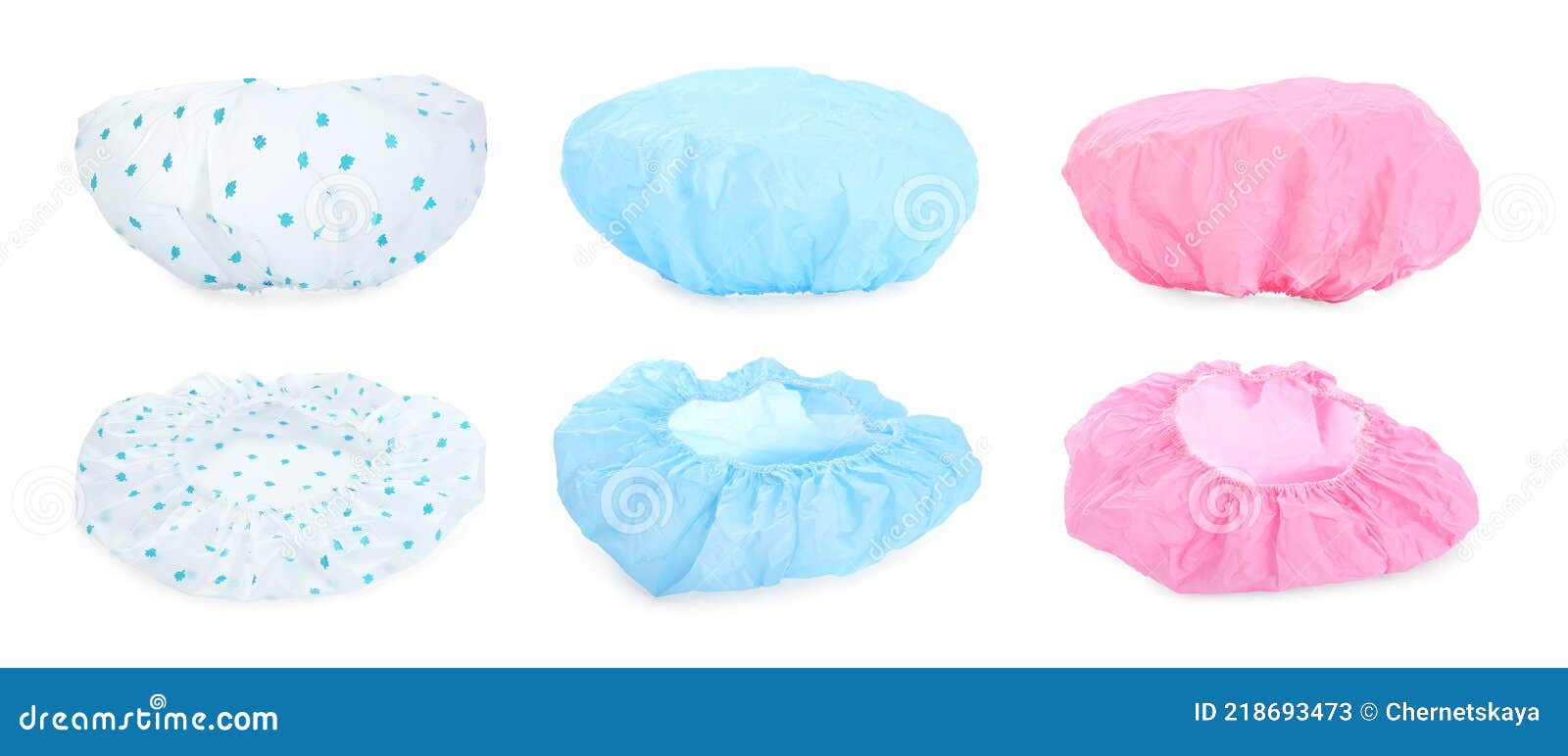 Set with Waterproof Shower Caps on White Background. Banner Design ...